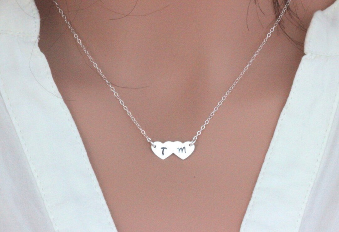 Double Heart Initial Necklace - Personalized Two Heart Necklace ...