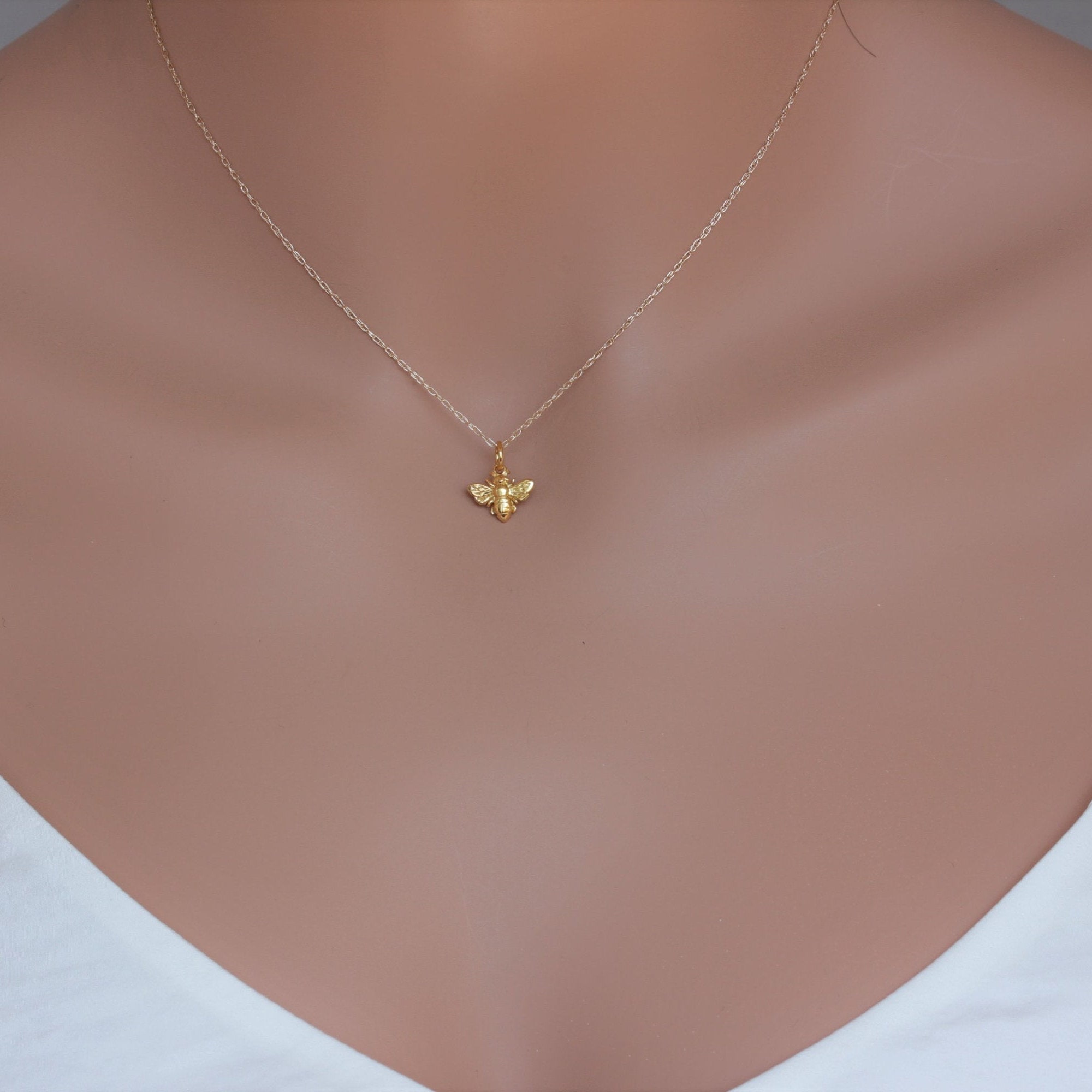 14k Solid Gold Tiny Bee Necklace with 14k Gold Rope chain or | Etsy