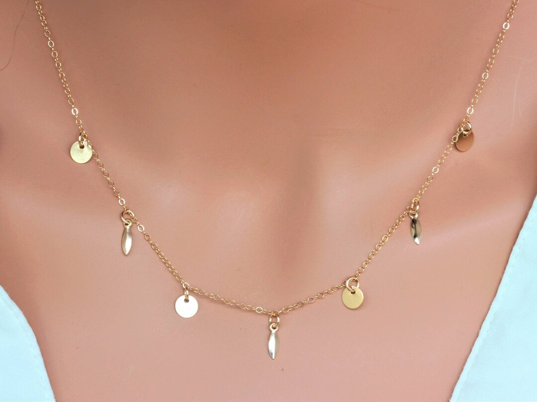 Gold Leaves Necklace - 14K Gold Filled Disc Coin Tiny Leaf Necklace ...