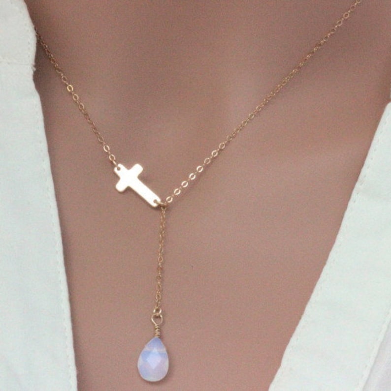 Cross Necklace Sideways cross Necklace Gold Opal cross | Etsy
