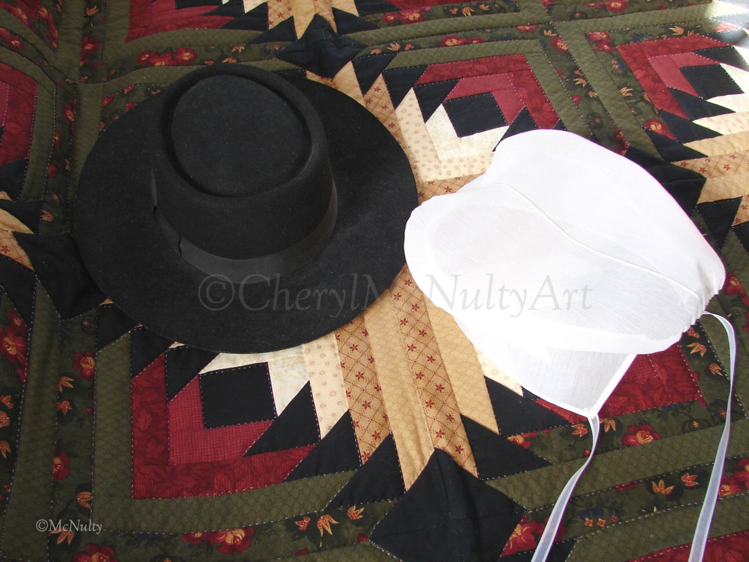 Amish Prayer Cap and Men's Felt Hat on Amish Quilt Photographic Print ...