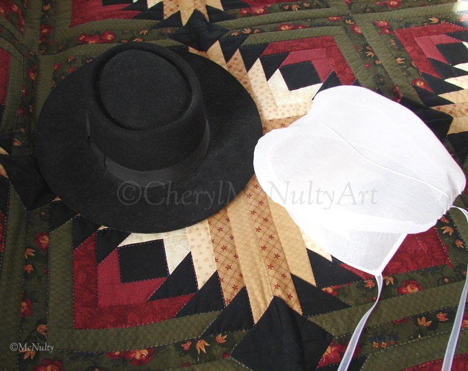 Amish Prayer Cap and Men's Felt Hat on Amish Quilt Photographic Print ...