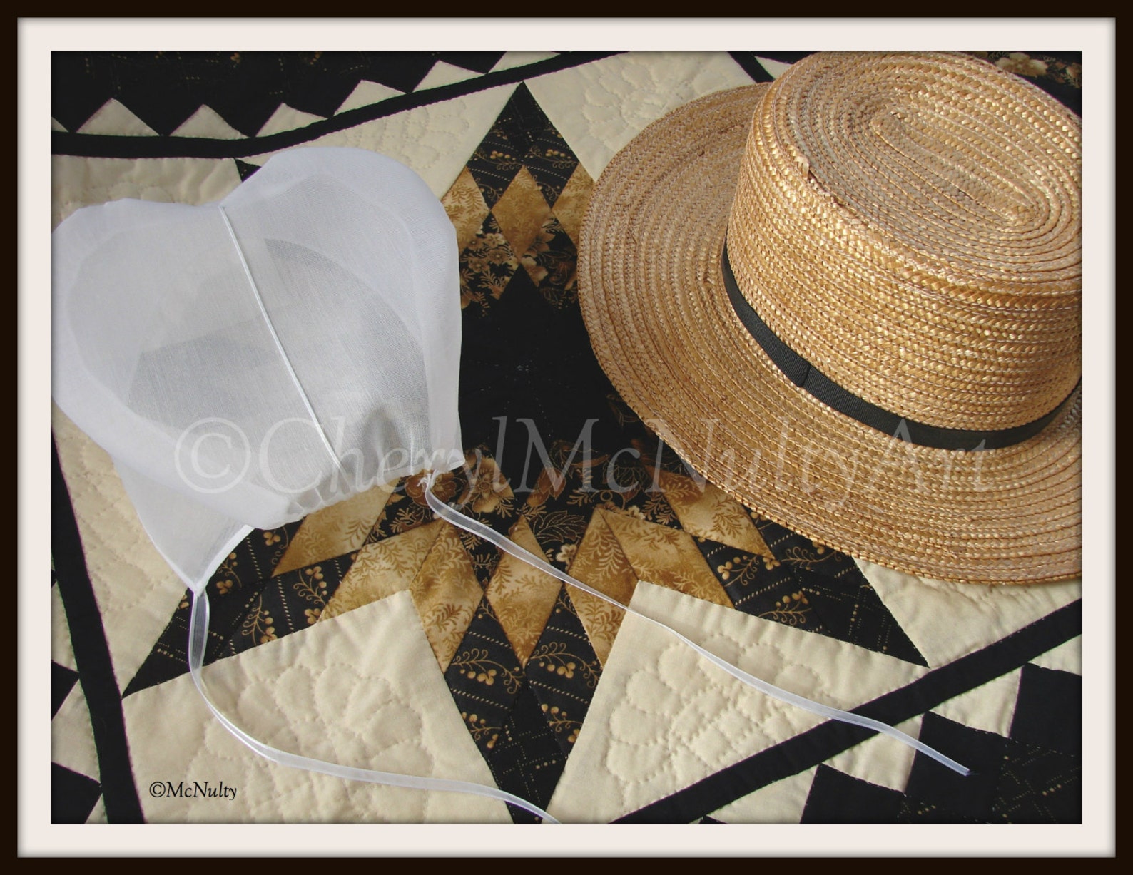 Amish Prayer Cap and Straw Hat on Amish Quilt Photographic Print Amish ...