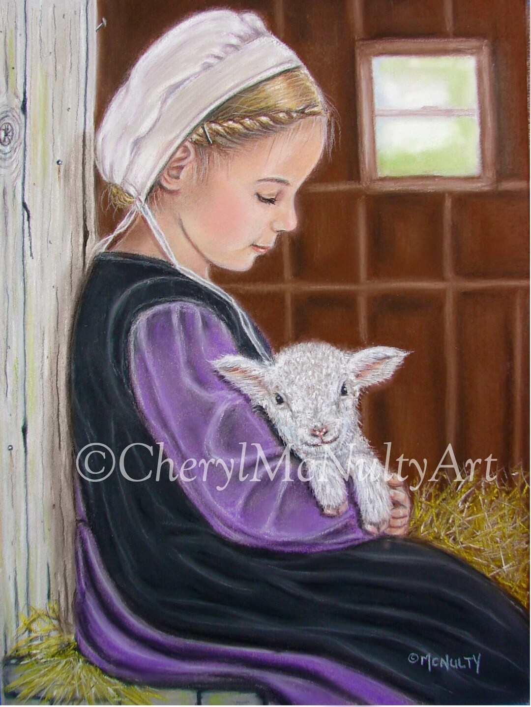 Amish Print of Pastel Painting "mary's Little Lamb" Amish Girl With ...