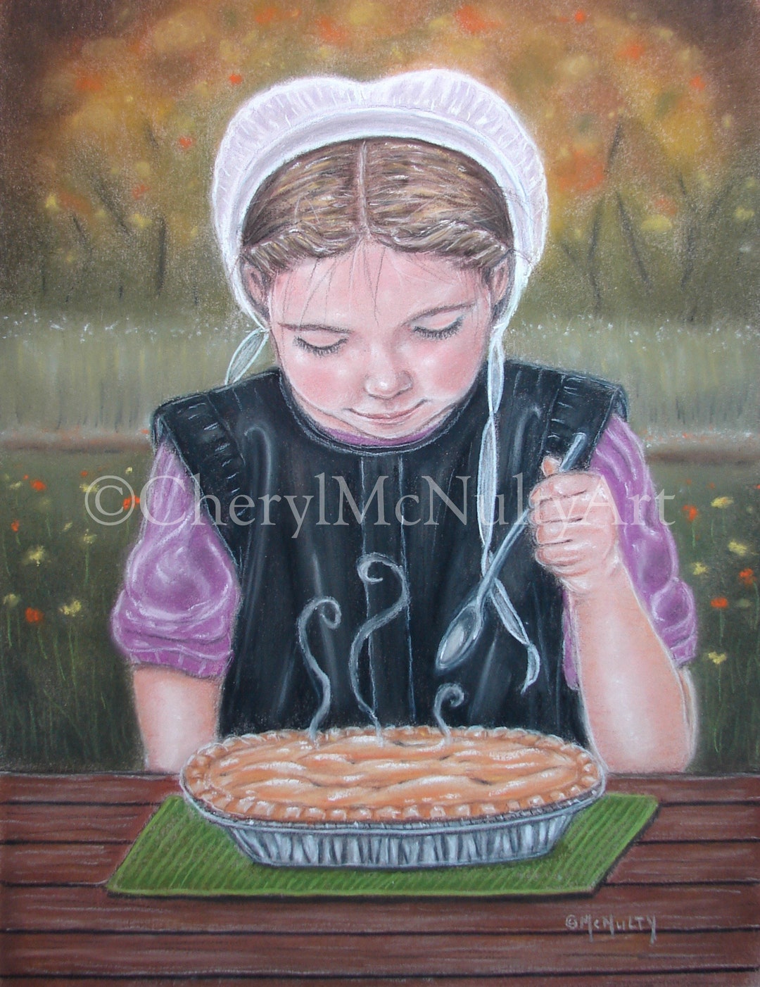 Amish Print of Pastel Painting "first Piece" Girl Eating Pie Autumn ...
