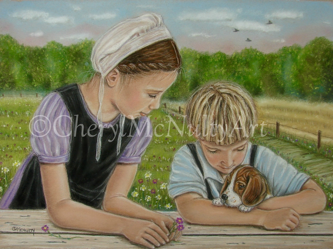 Amish Print of Pastel Painting "the New Puppy" Amish Girl and Boy With ...