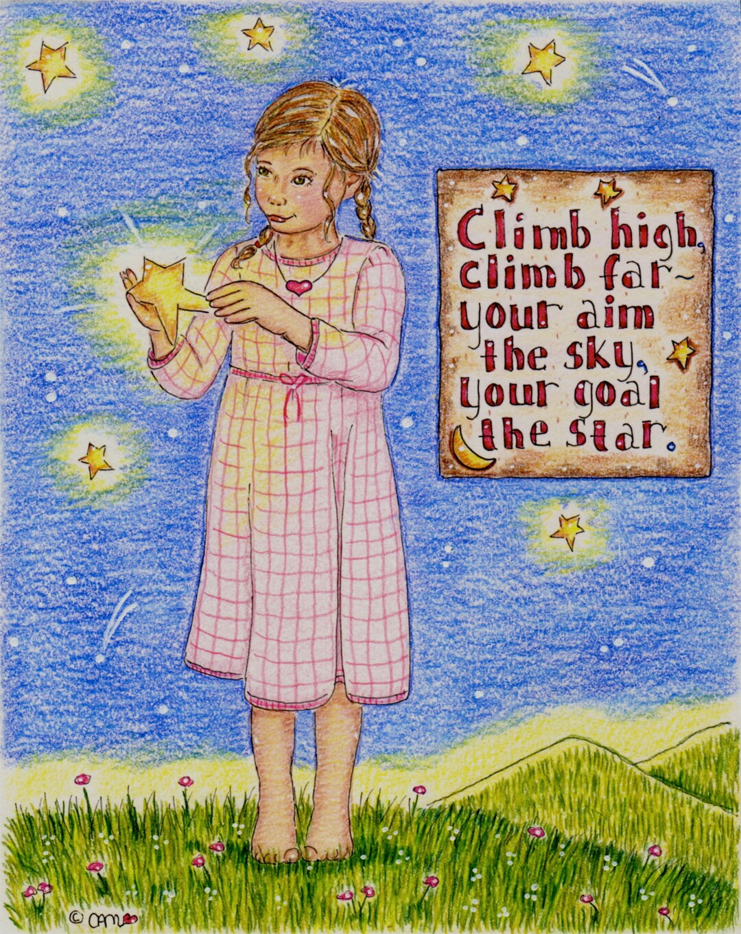 Little Girl With Star climb High, Climb Far Print of Colored Pencil ...