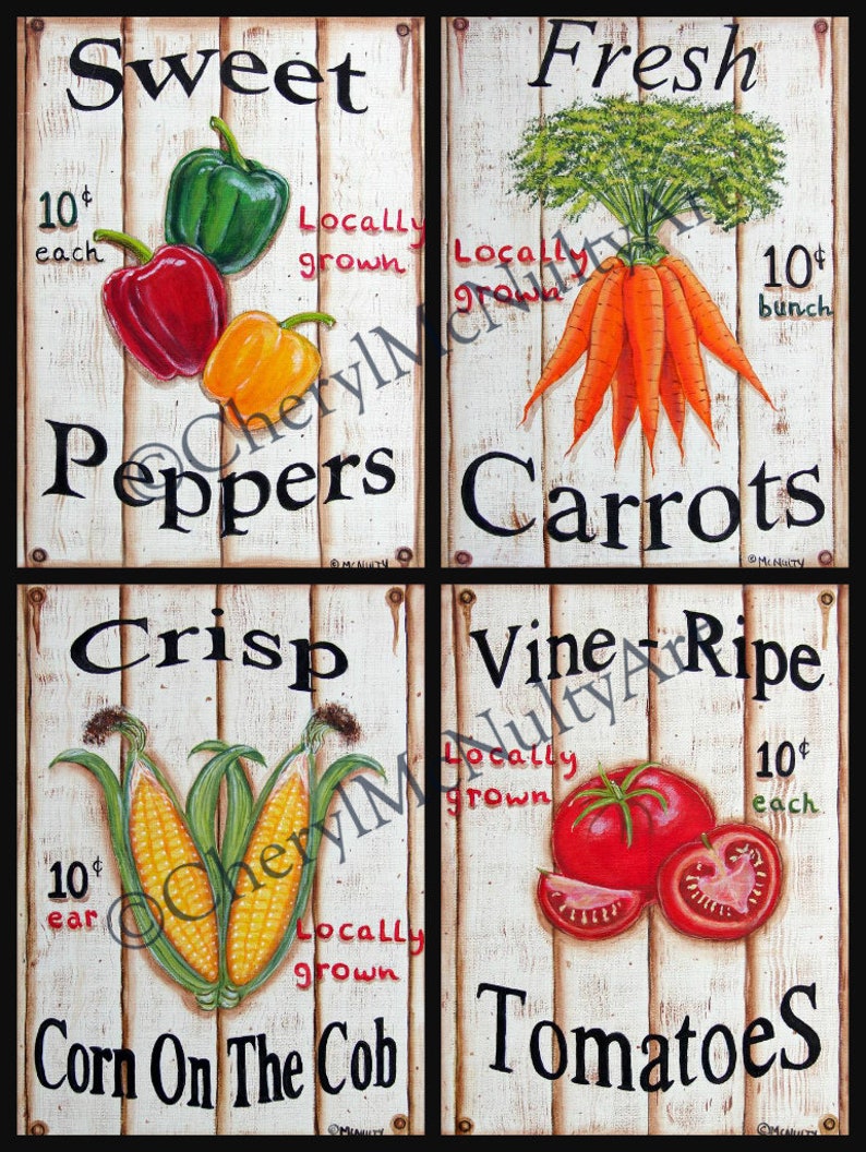 Vegetable Sign prints Set of 4 distressed or original Fresh Vegetable ...