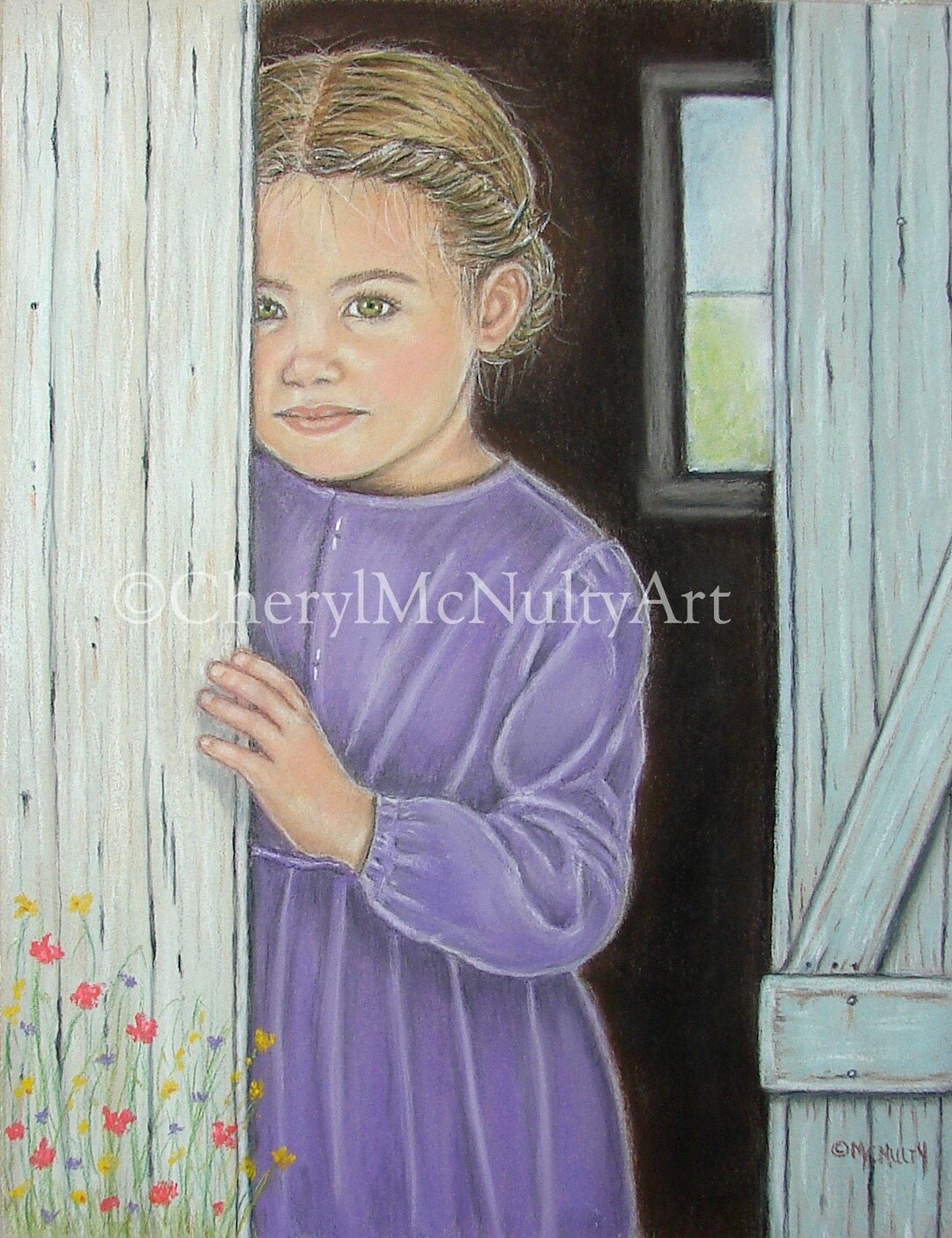 Amish Print of Pastel Painting "anna Mary" Amish Girl Behind Barn Door ...