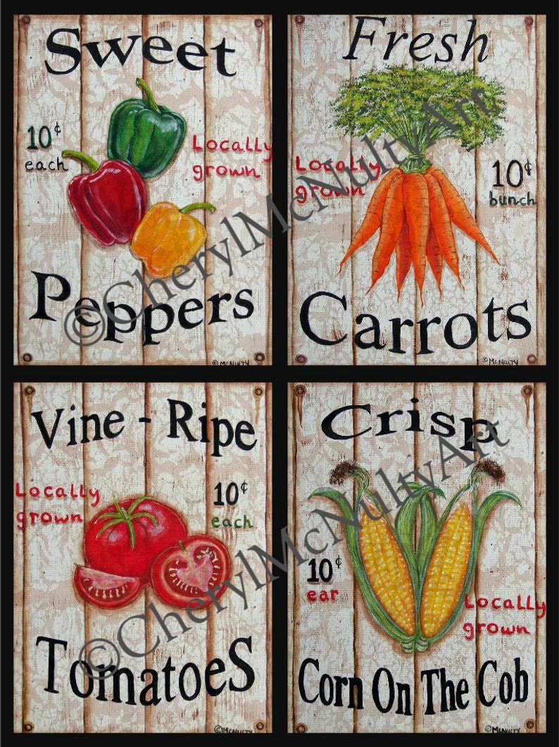 Vegetable Sign prints Set of 4 distressed or original Fresh Vegetable ...