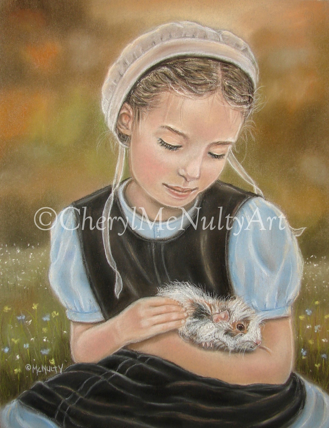 Amish Print of Pastel Painting "little One" Amish Girl Ith Small Animal ...