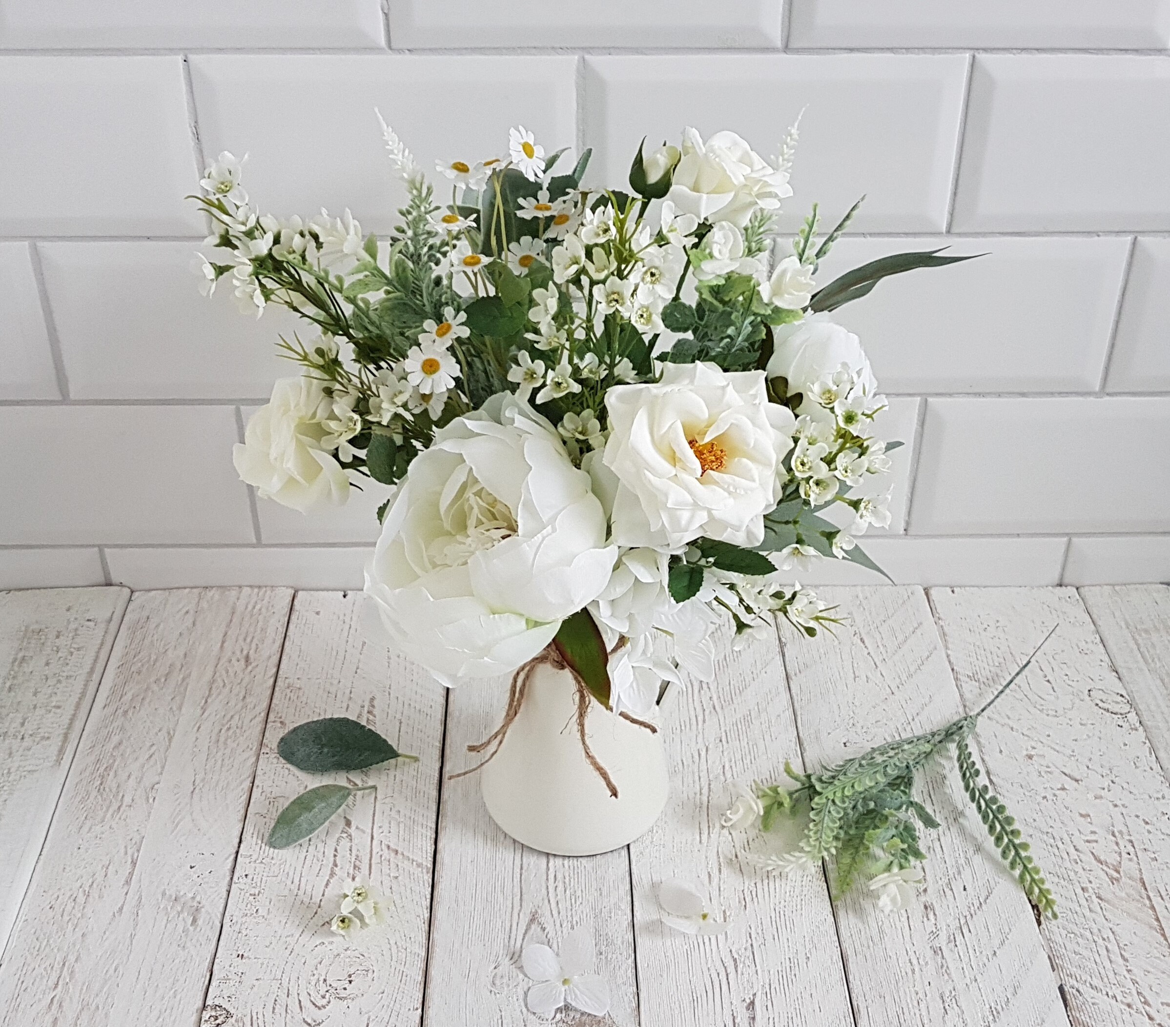 White flowers in vase Artificial flower arrangement Cream jug | Etsy