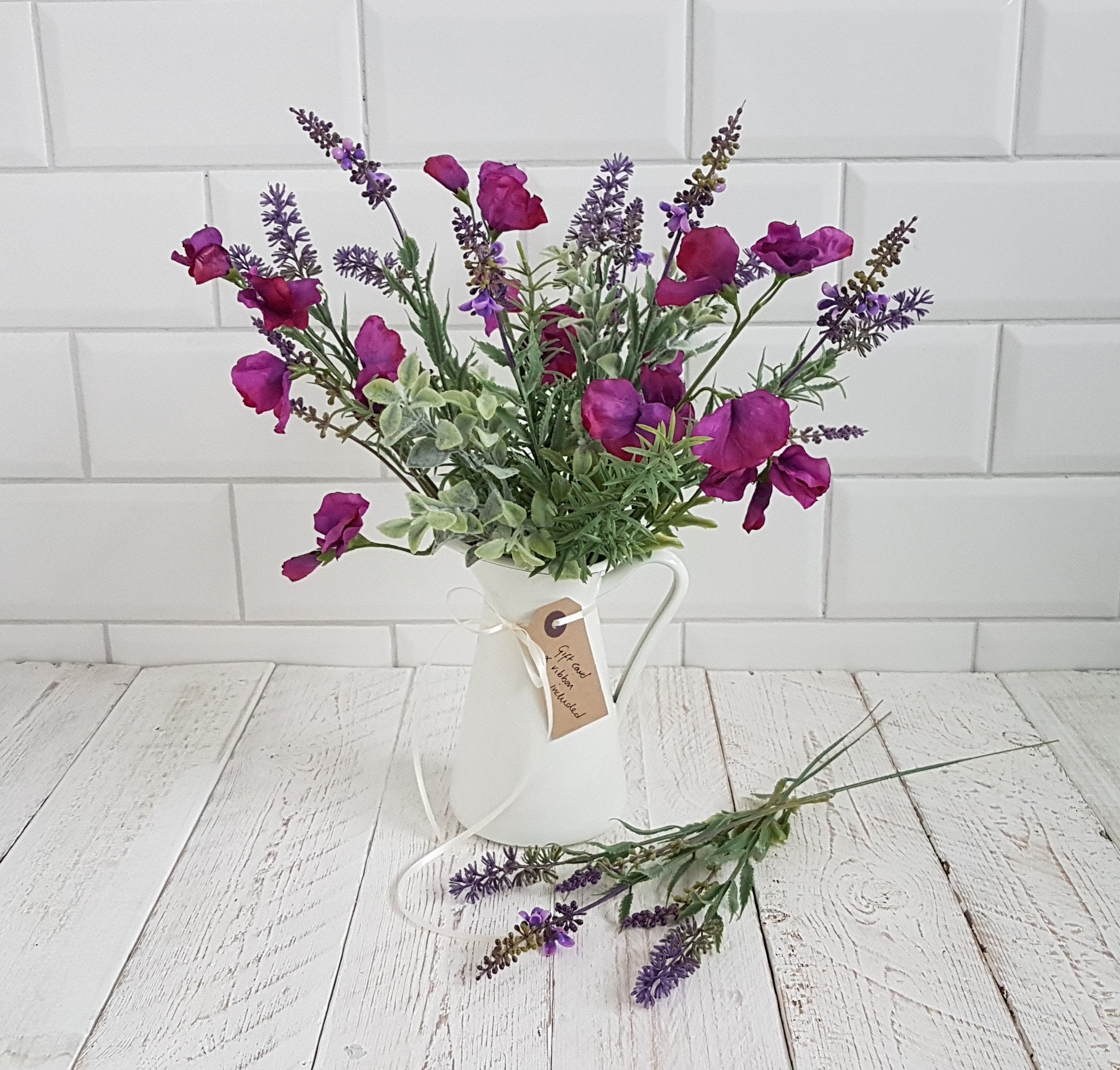 Artificial Flower Arrangement Cream Jug Purple & White Faux | Etsy UK
