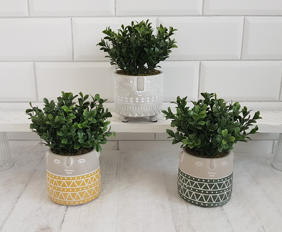 Faux Plant in Pot Artificial Green Boxwood Plant in Concrete Stone Face ...