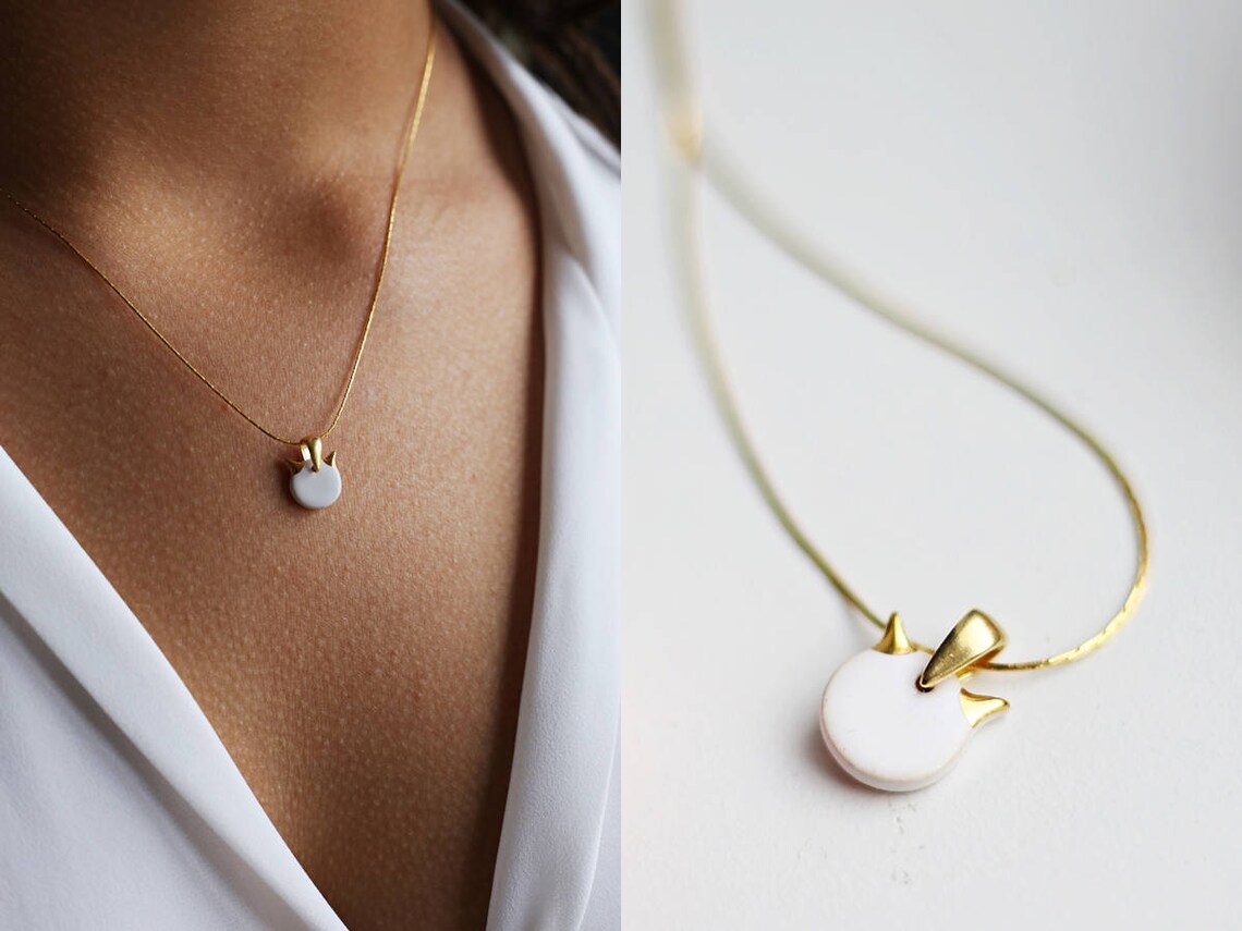 Cat Necklace Cat Pendant Necklace Gold Plated Necklace Ceramic - Etsy