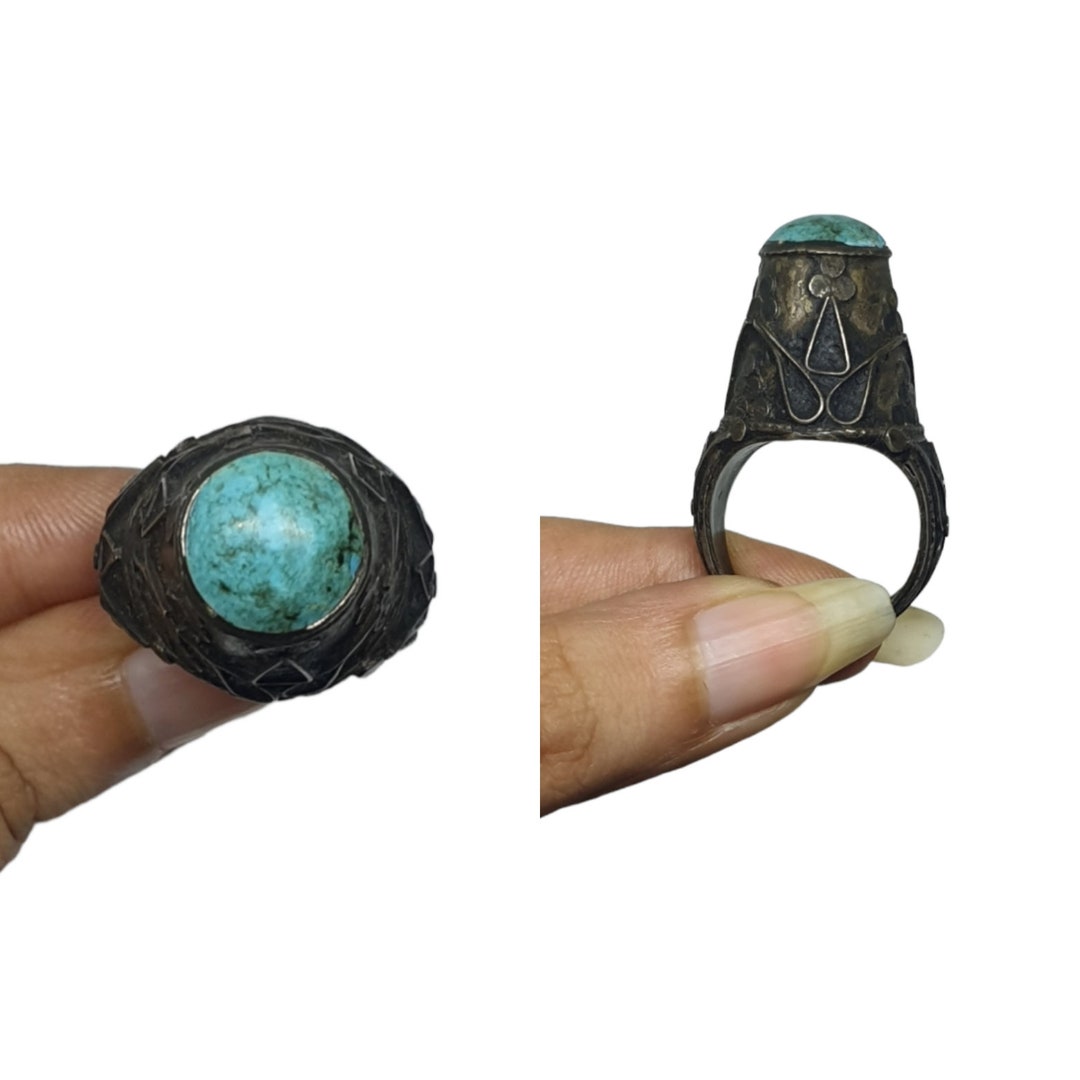 Rare Old Genuine Antique Natural Turquoise Inlaid Unique Unisex Signet ...