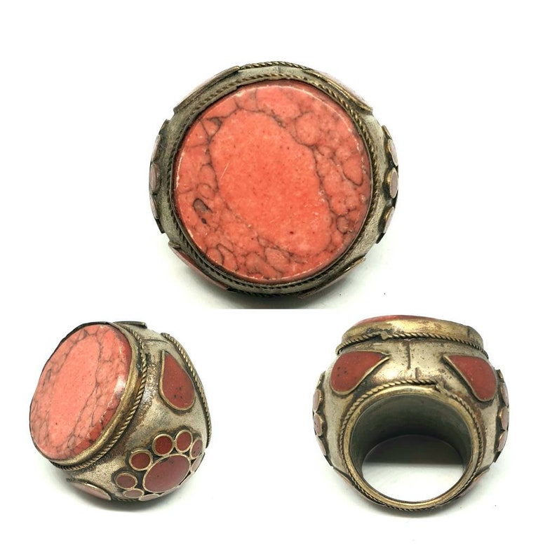 Coral Huge Large Ring Alpaca Silver Size 10.5US Vintage Ethnic | Etsy