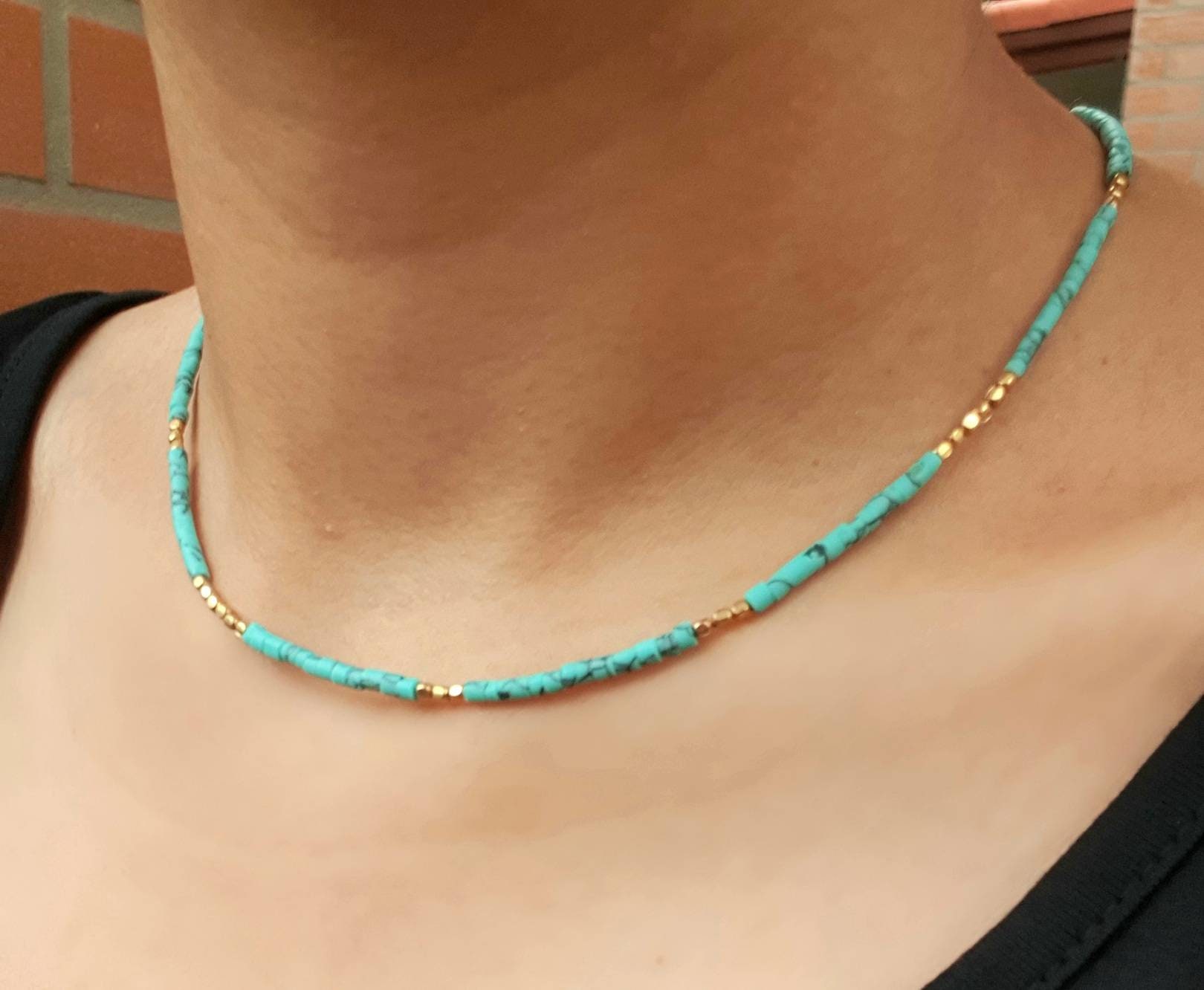 Genuine Turquoise Tiny Seed Beads Necklace Gemstone Minimalist | Etsy