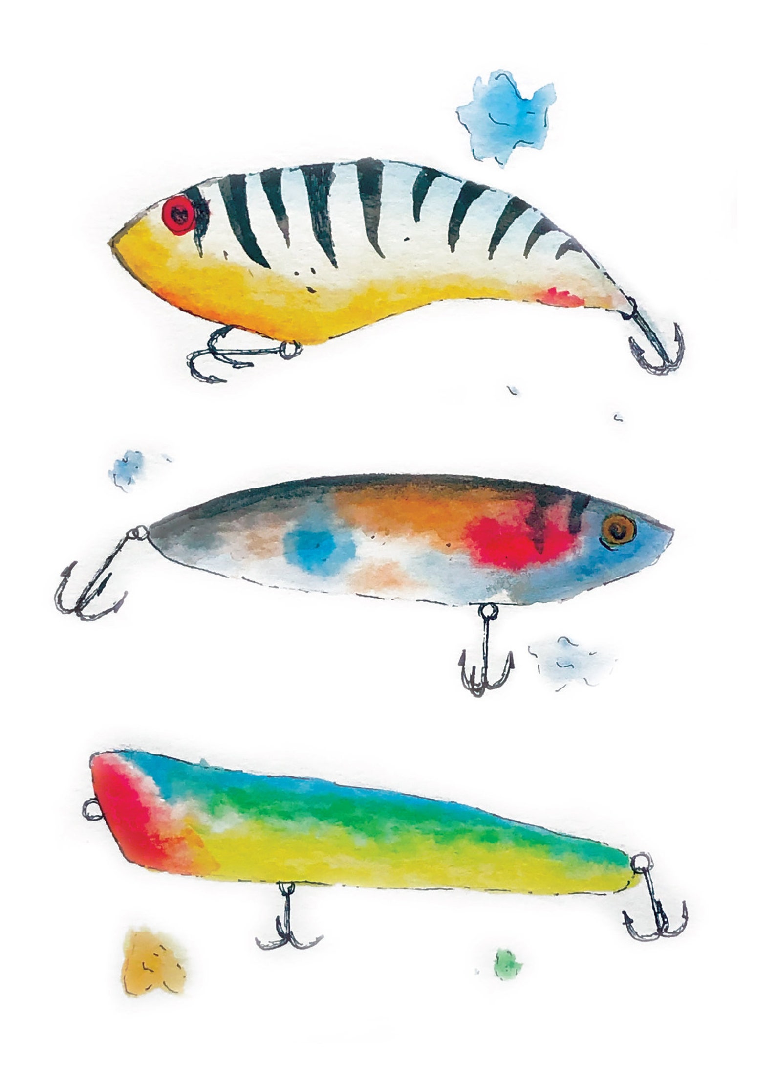 10 Pack - Watercolor Painting, Print of Coloful Fishing Lures. Note ...