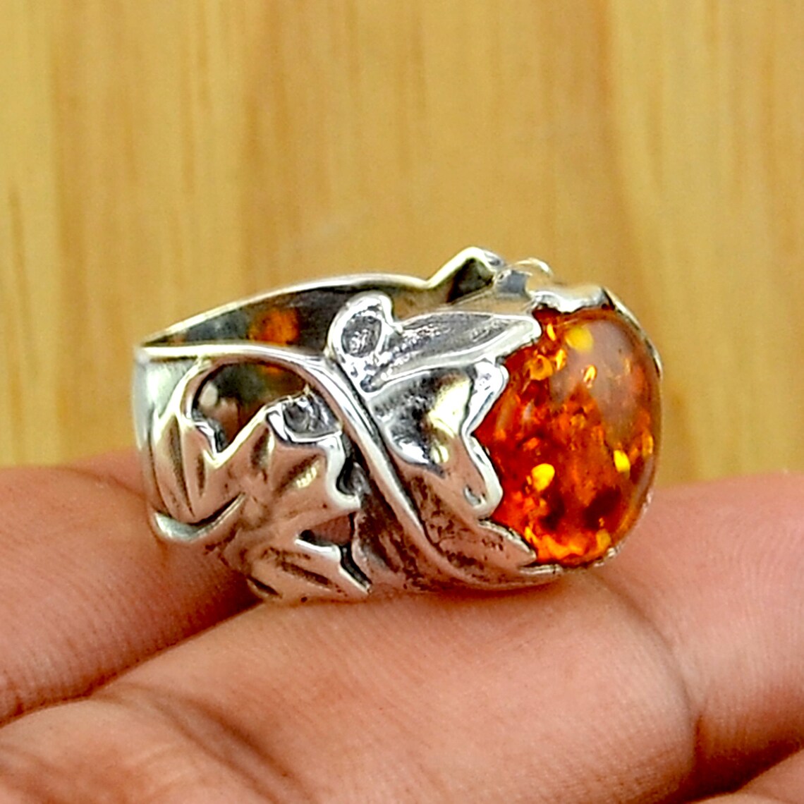 Natural Amber Ring 925 Sterling Silver Ring Round Gemstone - Etsy