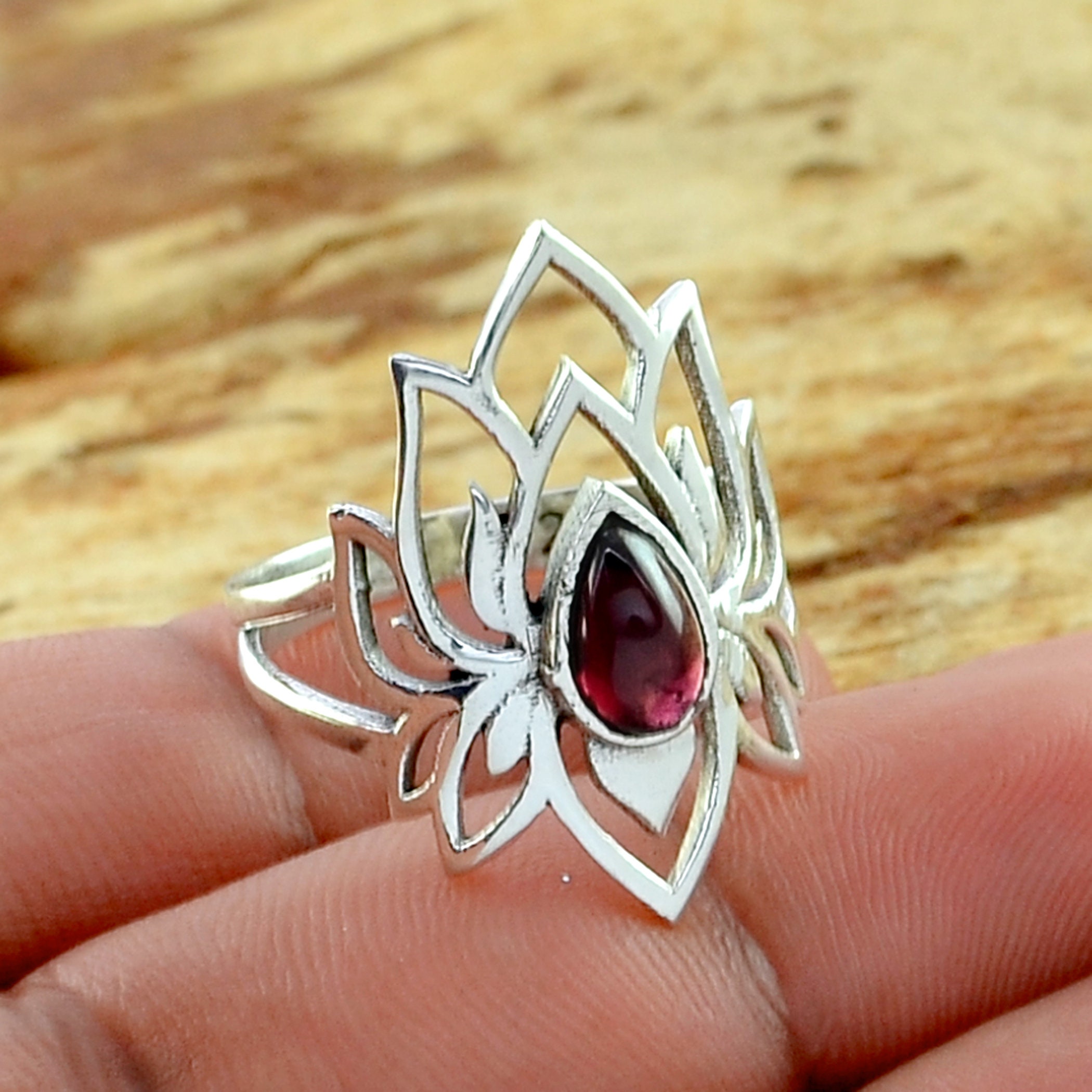 Lotus Flower Ring, Garnet Ring, Garnet 925 Sterling Silver Ring, Silver ...