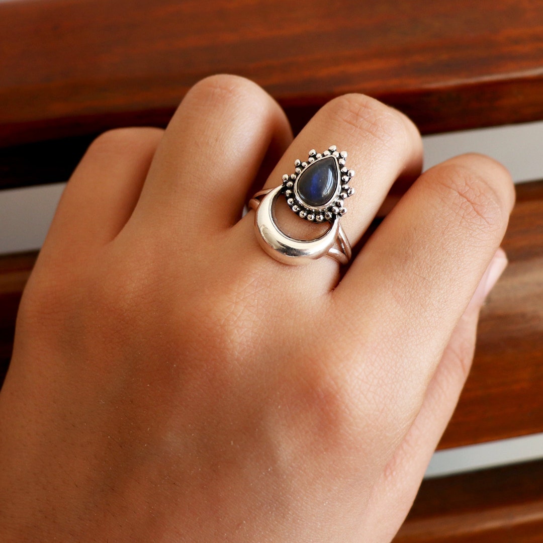 Crescent Moon Ring, Blue Fire Labradorite Silver Ring, 925 Sterling ...