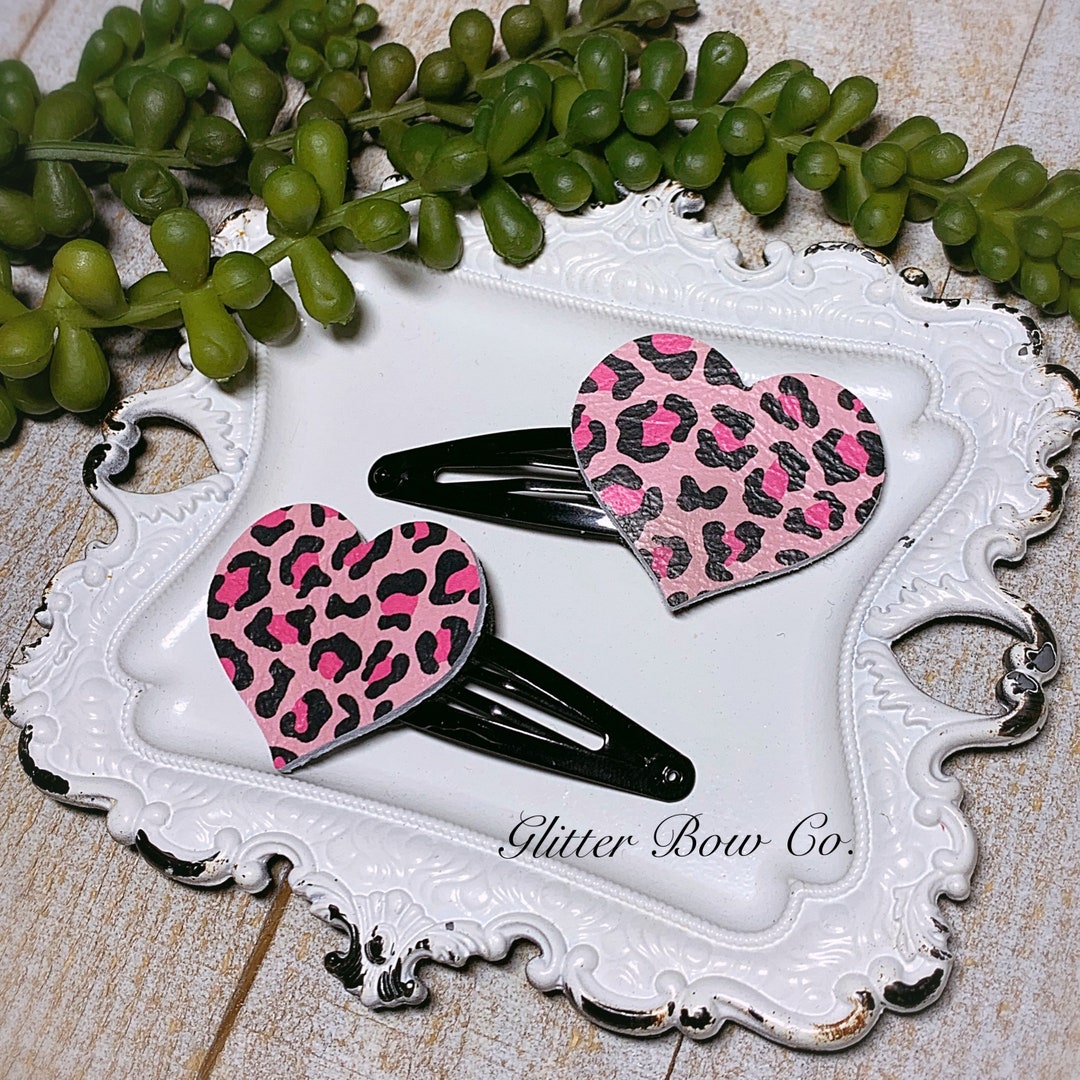 Pink and Black Leopard Genuine Leather Hair Clips, Valentines Day, Snap ...