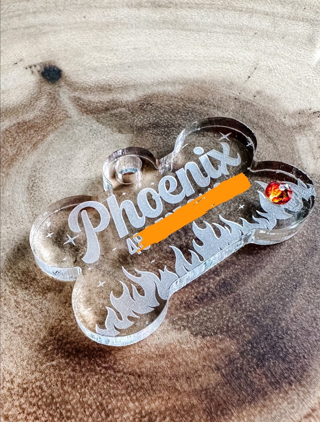 Fire Flame Name Tag, Thick Acrylic Dog Bone ID Tag With Swarovski ...