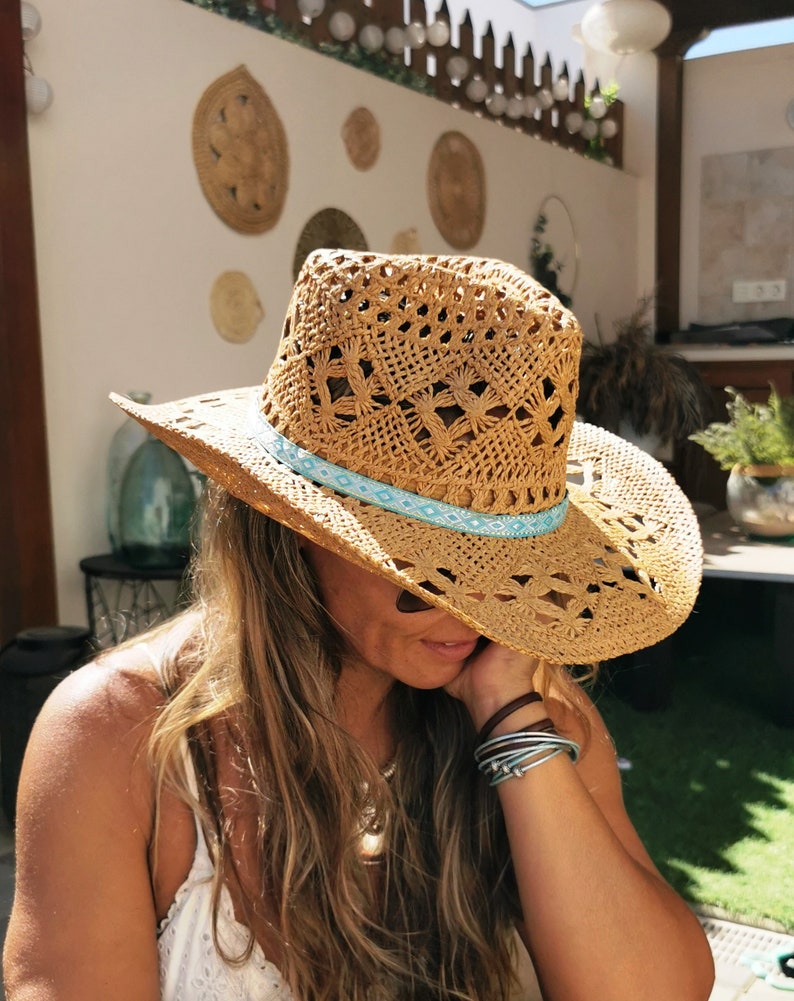 Handmade Straw Turquoise Sun Hats, Boho Cowboy Hats for Women, Bohemian ...