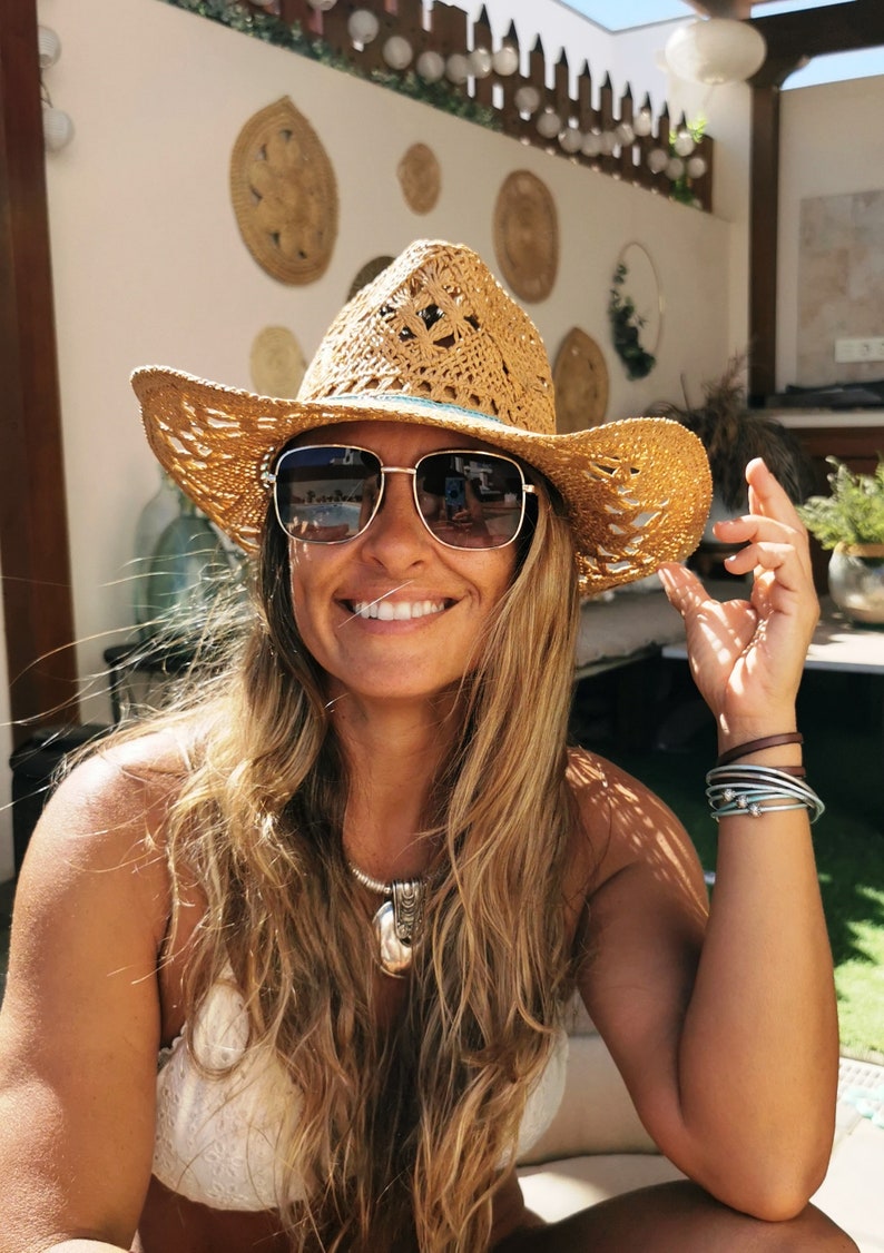 Handmade Straw Turquoise Sun Hats, Boho Cowboy Hats for Women, Bohemian ...