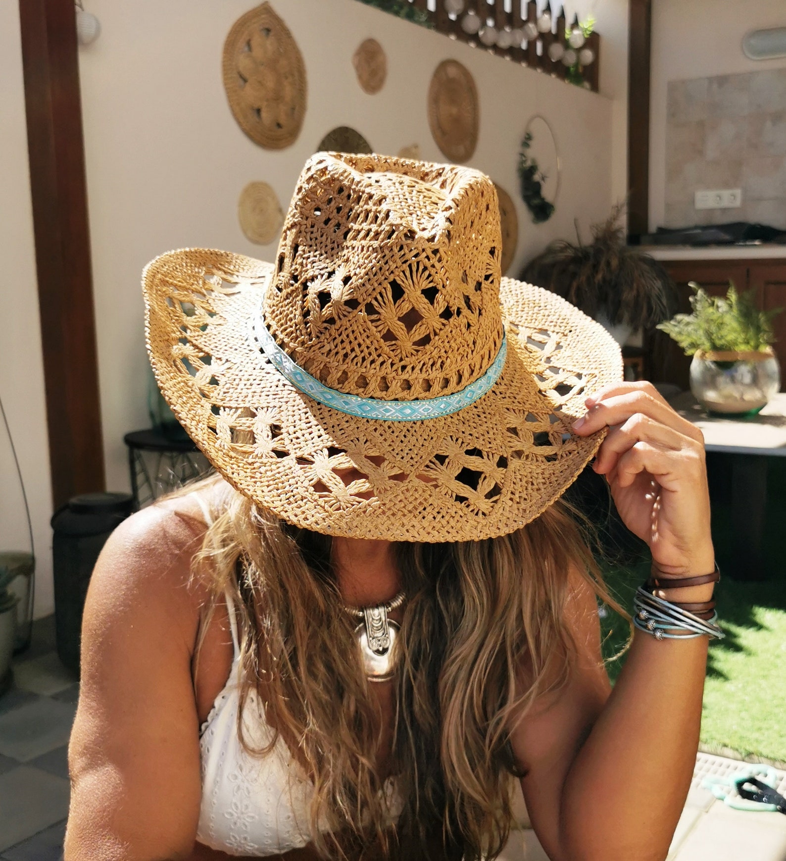 Handmade Straw Turquoise Sun Hats, Boho Cowboy Hats for Women, Bohemian ...