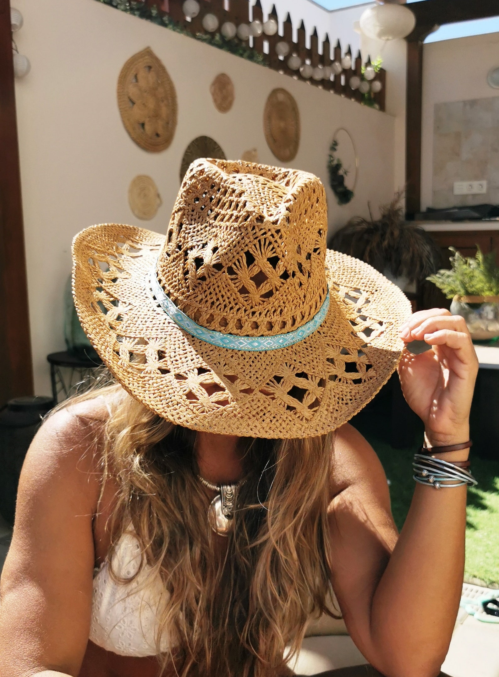 Handmade Straw Turquoise Sun Hats, Boho Cowboy Hats for Women, Bohemian ...