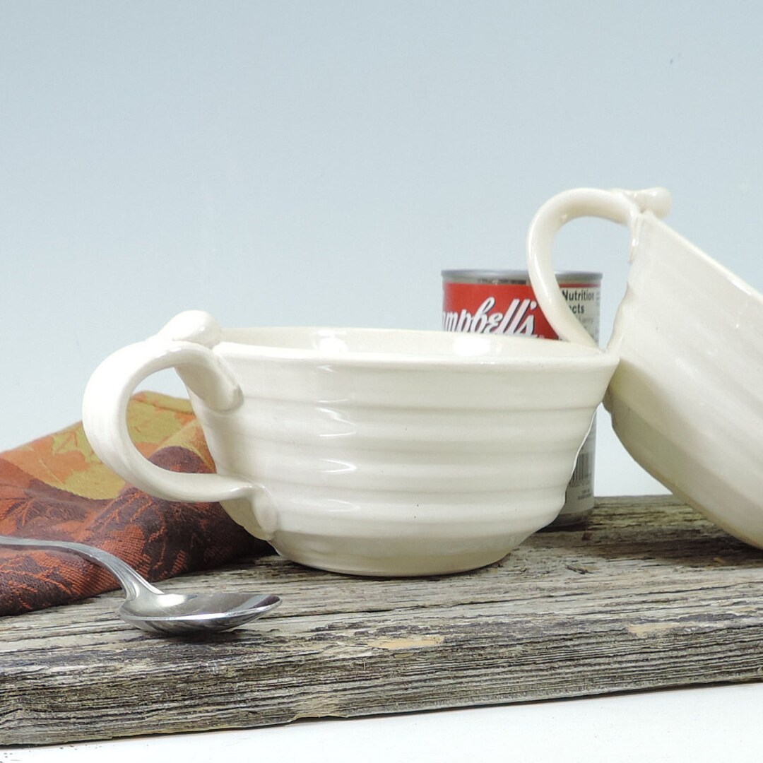 Handmade Ceramic Soup Mug Set: White Glaze, Thumb Rest Handle - Etsy