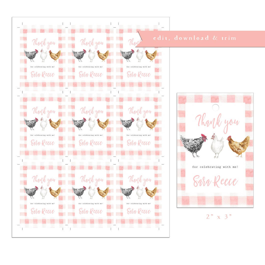 Girl Chicken Party Favor Tag, Editable Favor Tags, Vintage Farm, Chick ...