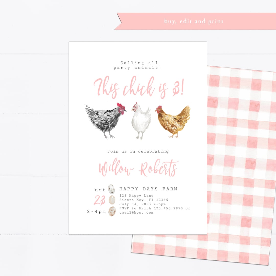 Girl Chicken Birthday Invite, Vintage Farm, Chick is 3, Editable ...