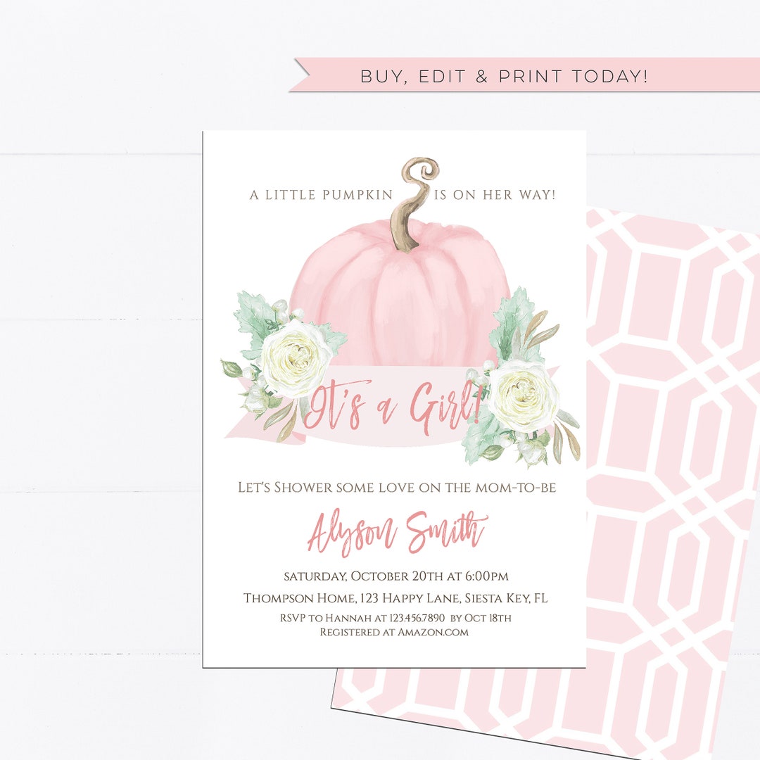 Little Pumpkin Baby Shower Editable Invitation, Pink Pumpkin, Baby Girl ...