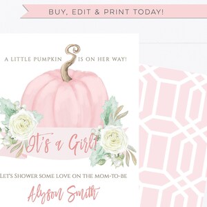 Little Pumpkin Baby Shower Editable Invitation, Pink Pumpkin, Baby Girl ...