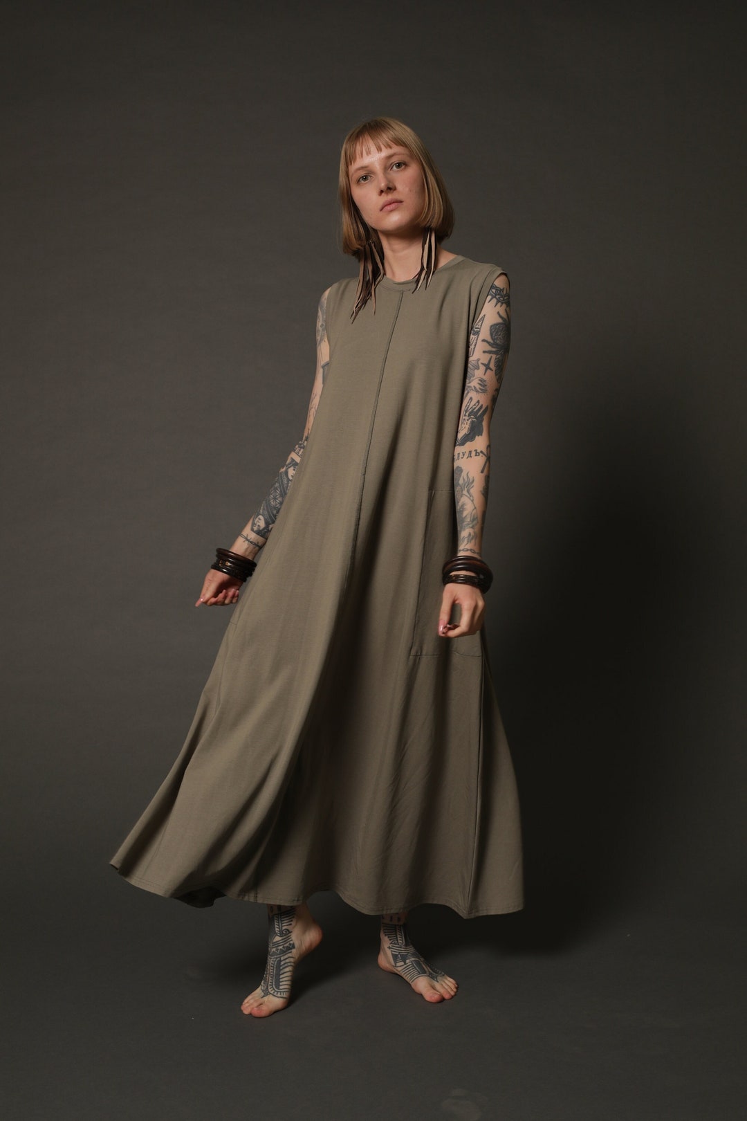 Green Almond Oversized Maxi Dress With Pockets - Etsy