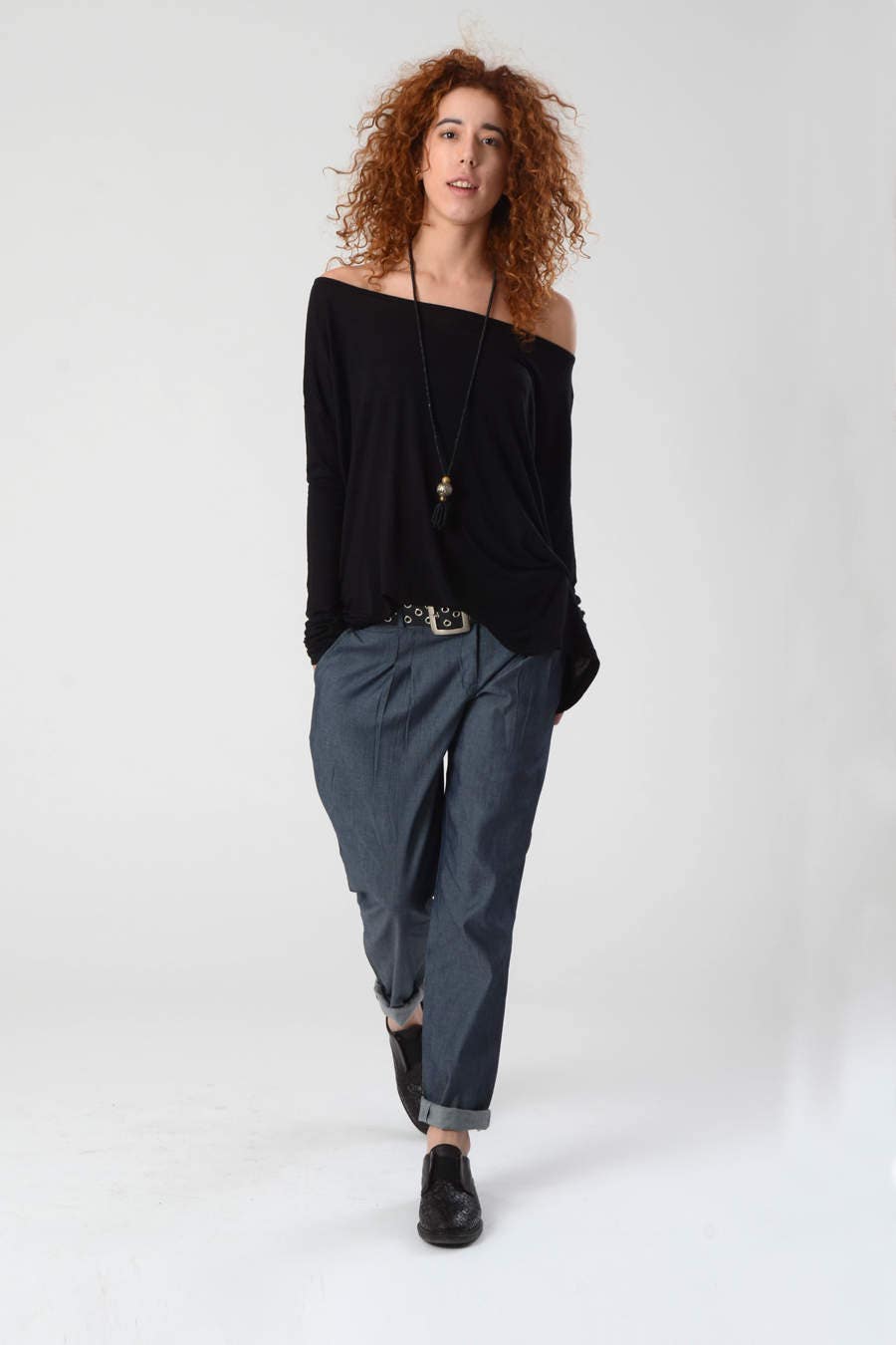 Black Tops Long Sleeve Top Boat Neck Top Oversize Wide Neck - Etsy