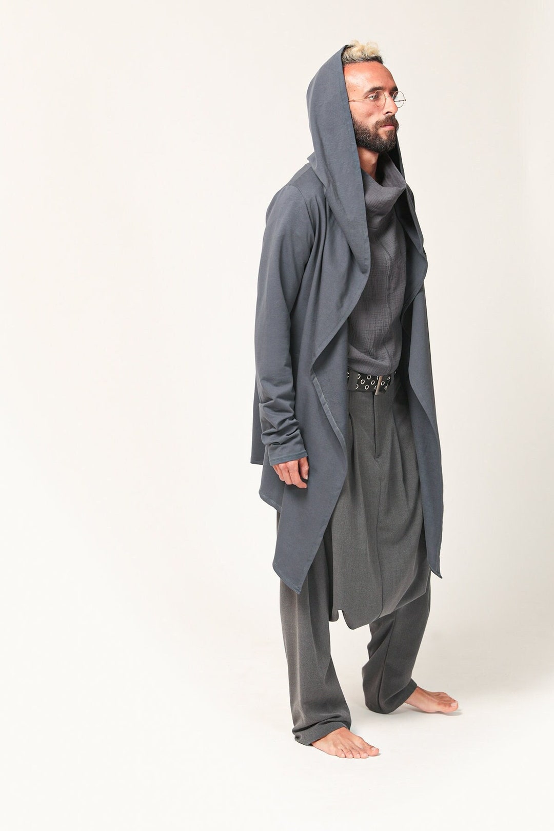 Grey Long Hooded Cardigan, Open Hoodie for Men With Pockets, Grey ...