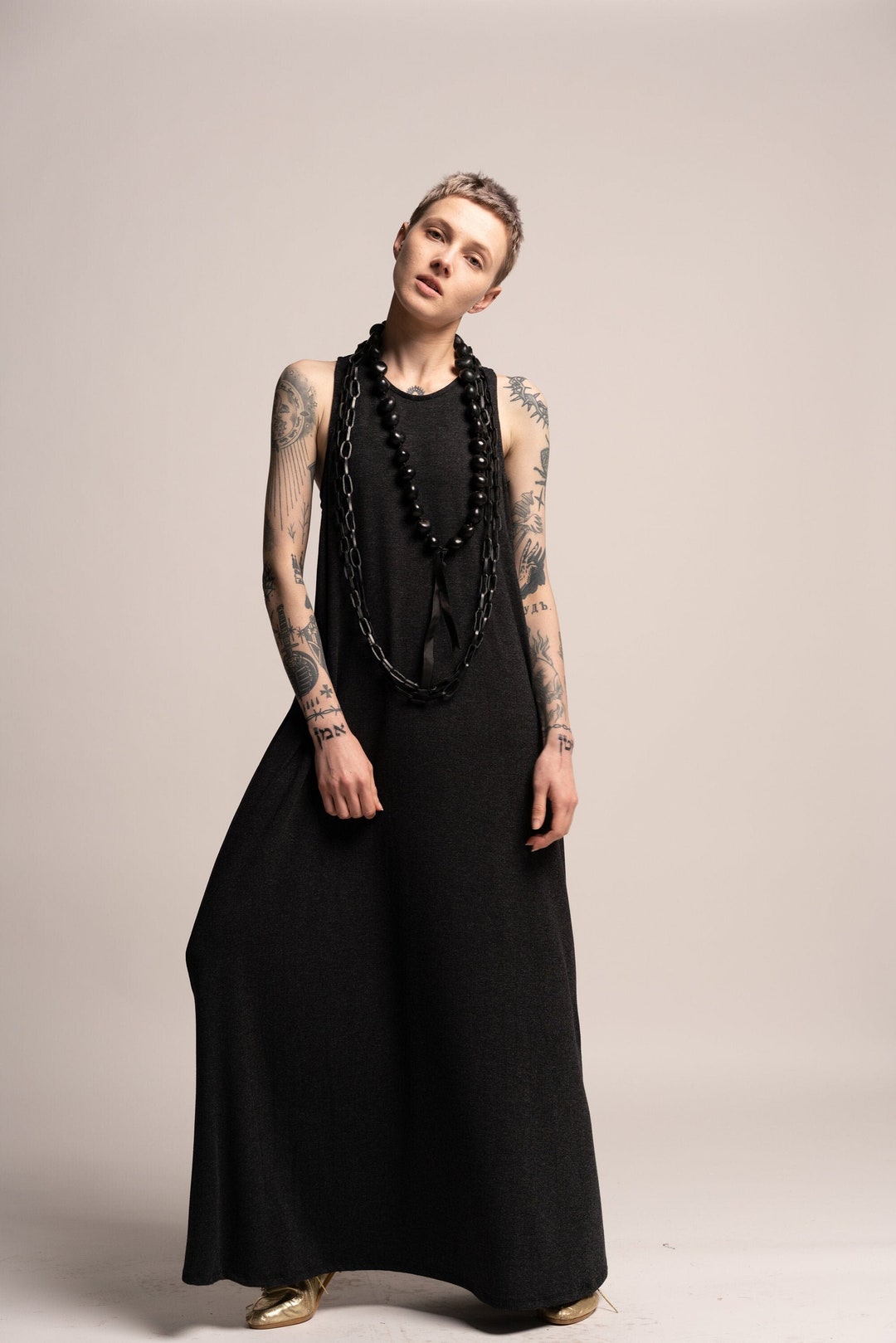 Gray Tank Dress, A Line Dress, Grey Maxi Dress, Sleeveless High Neck ...