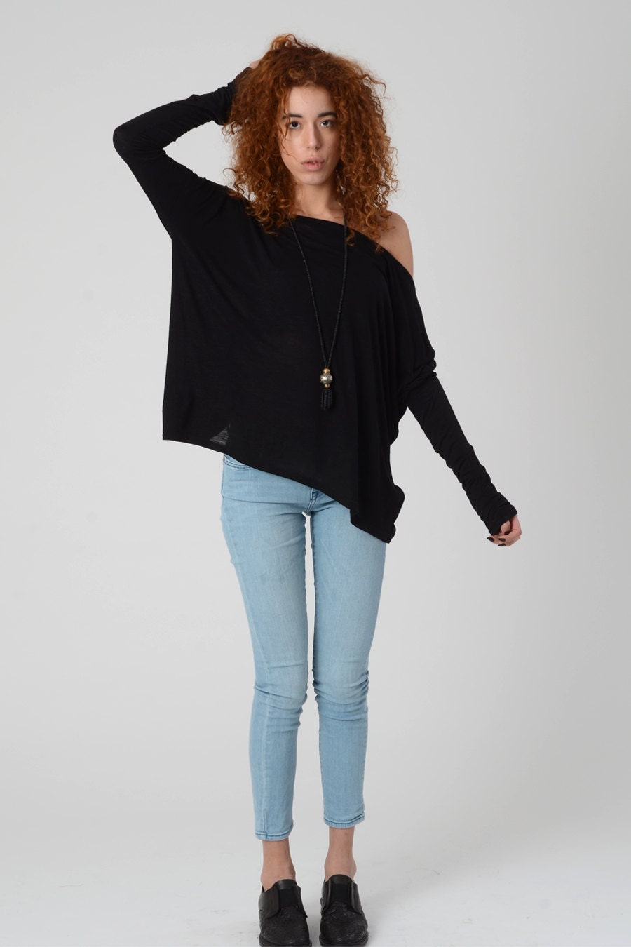 Black Tops Long Sleeve Top Boat Neck Top Oversize Wide Neck - Etsy