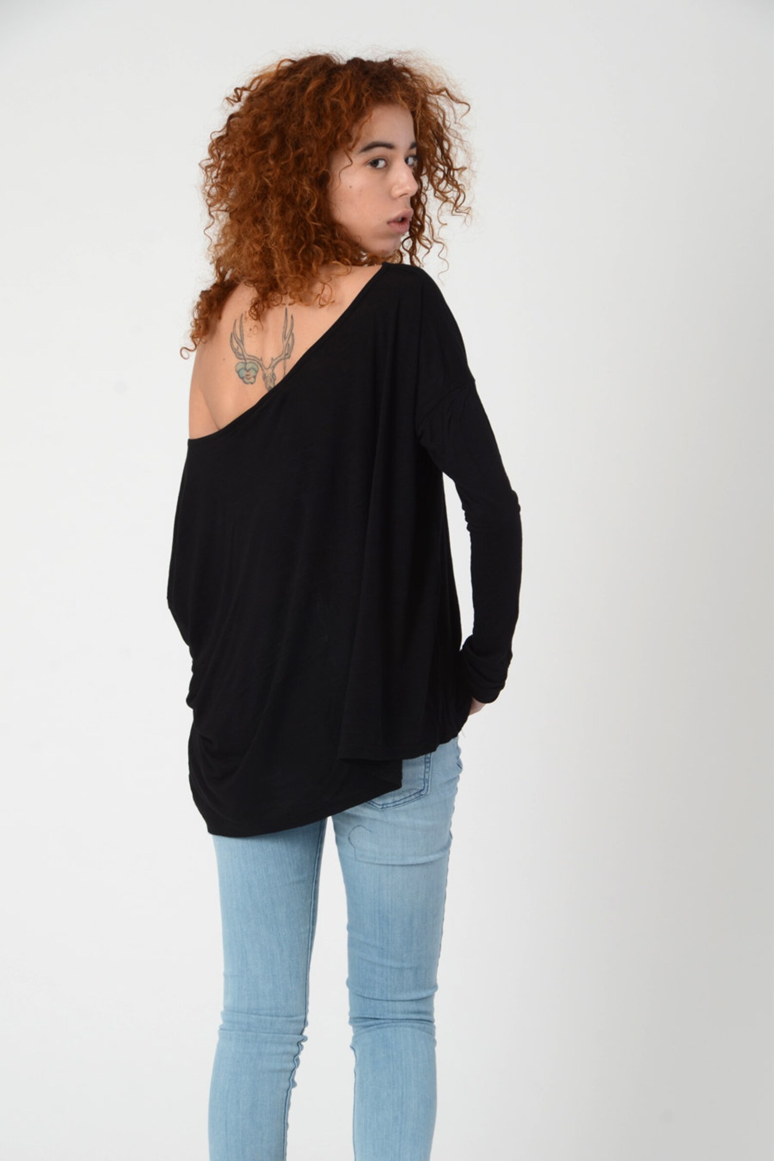 Black Tops Long Sleeve Top Boat Neck Top Oversize Wide Neck - Etsy
