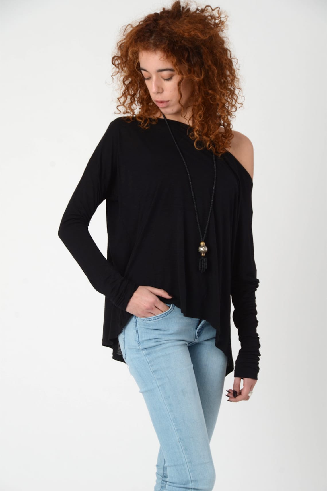 Black Tops, Long Sleeve Top, Boat Neck Top, Oversize Wide Neck Shirt ...