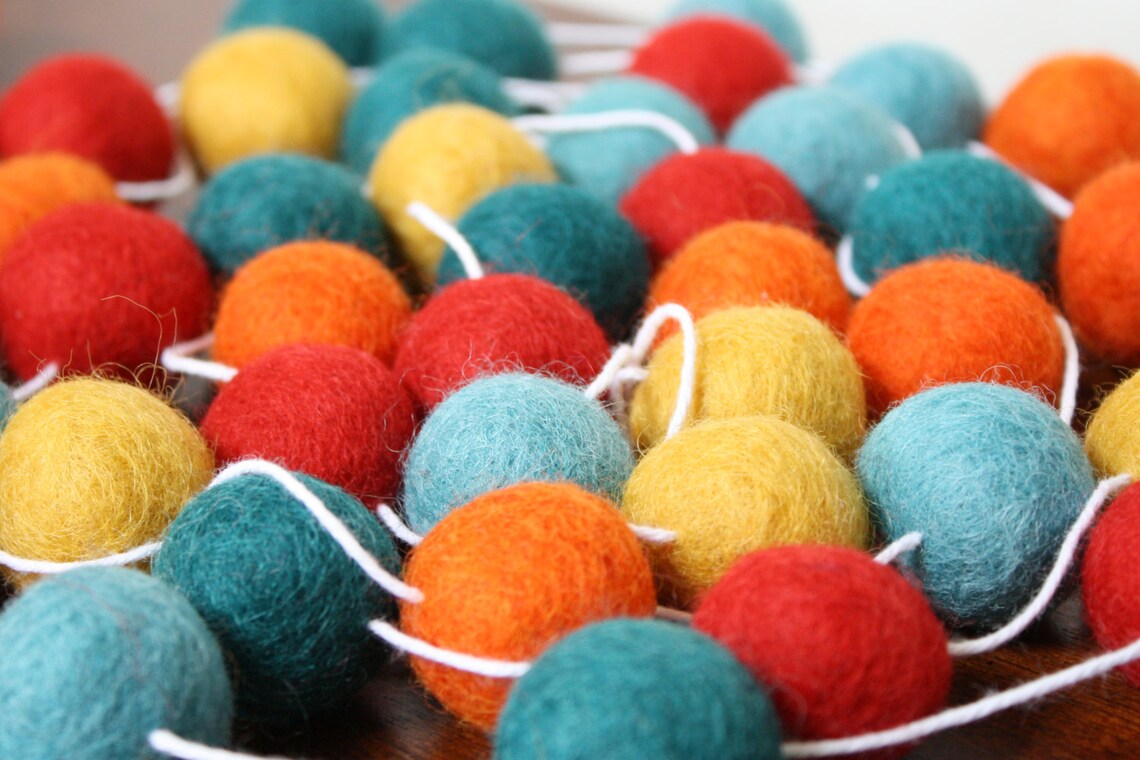 Pom Pom Garland Circus Felt Ball Bunting Teal Yellow Orange | Etsy