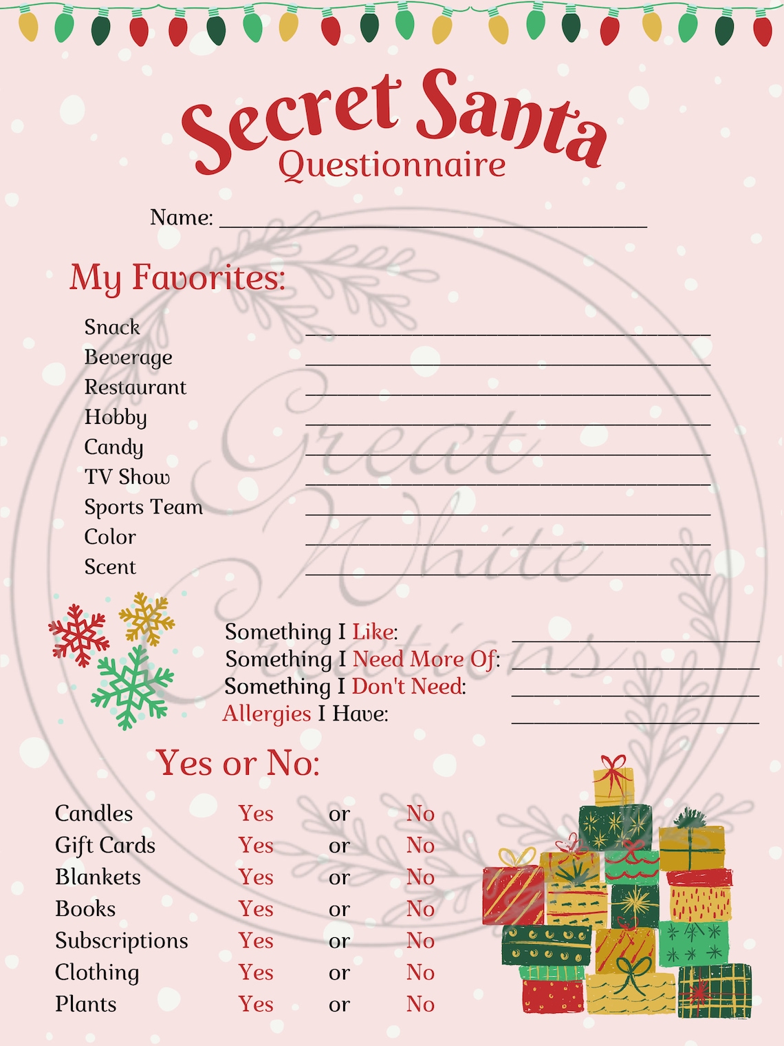 Secret Santa Questionnaire Printable Digital Download 8.5x11 Inch ...