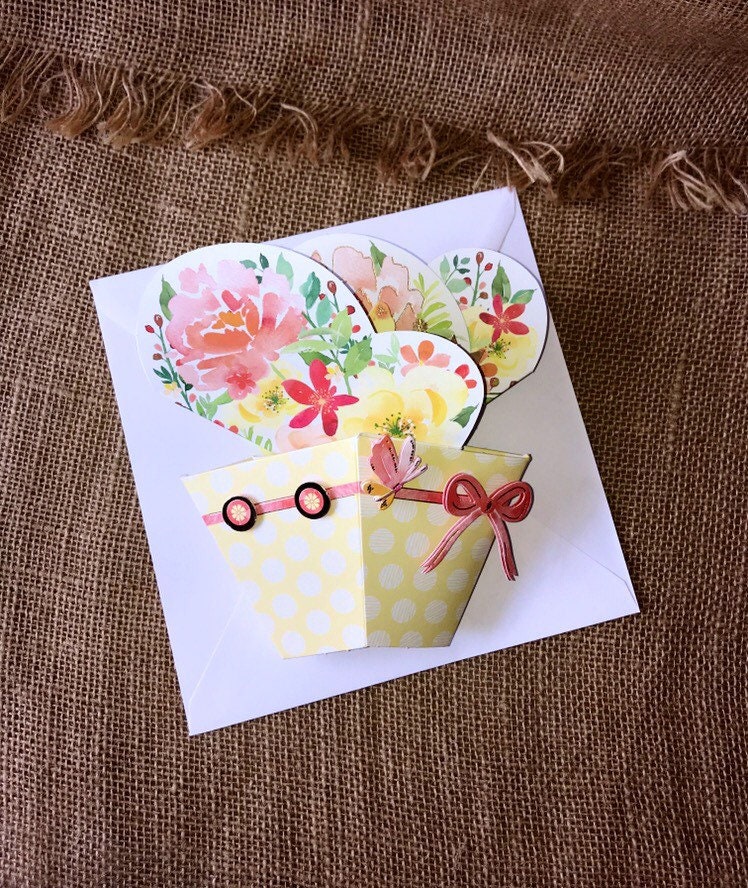 Flowers Plant Bouquet Pop-up Card Butterflies Ribbon | Etsy