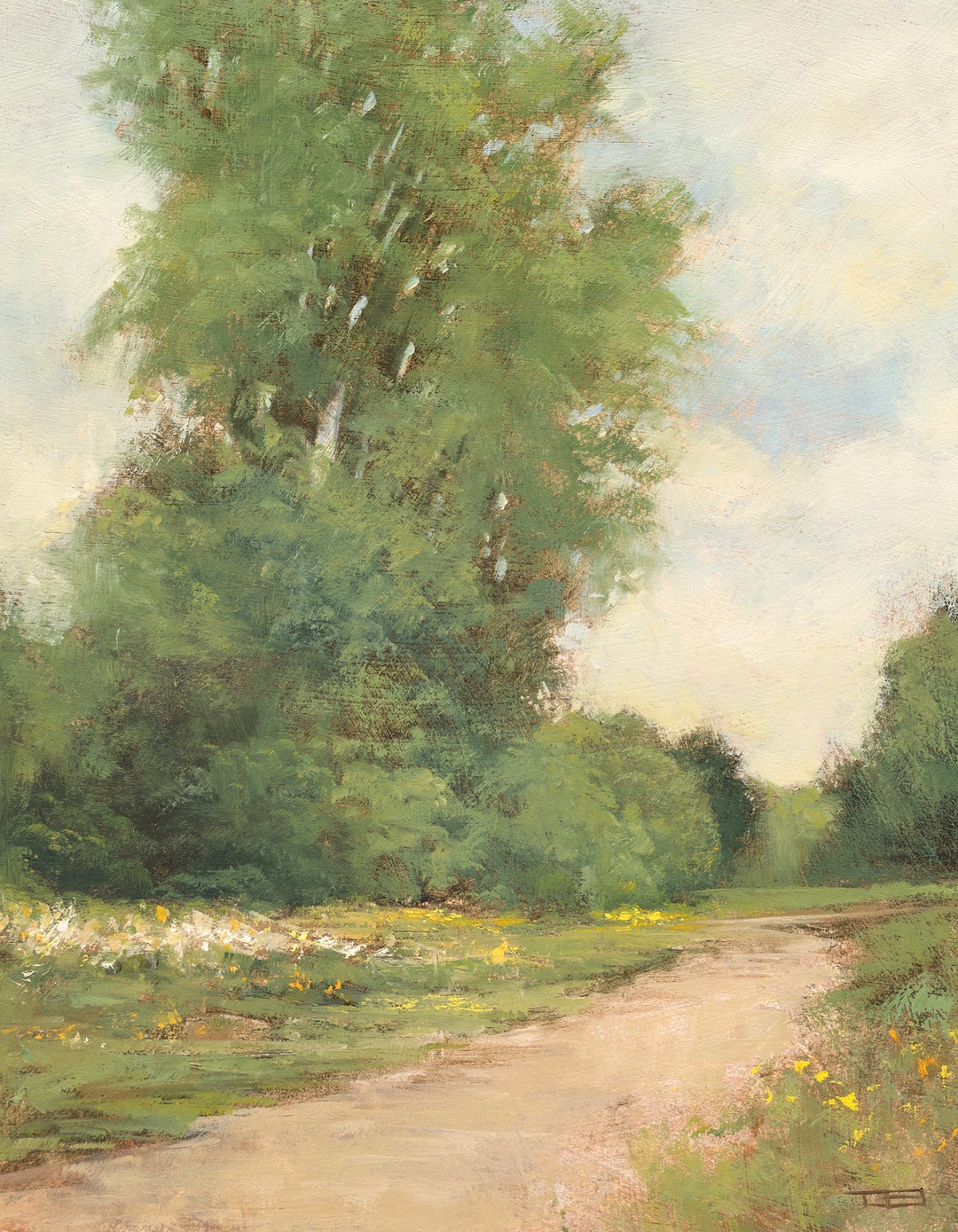Meadow Path Green Tree Painting. Impressionist Flowers Landscape ...