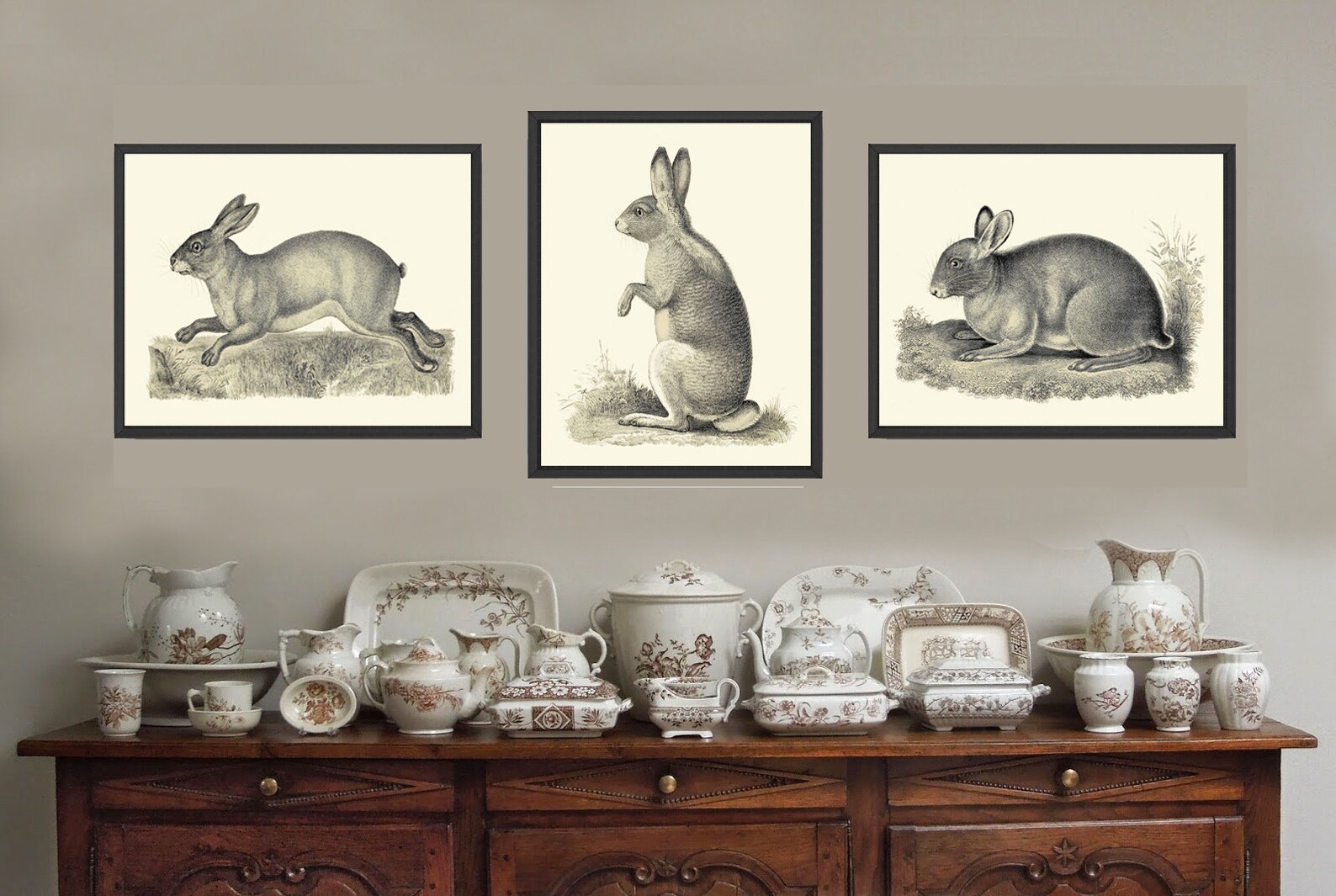 Rabbit Bunny Print Wall Art Set of 3 Beautiful Vintage | Etsy