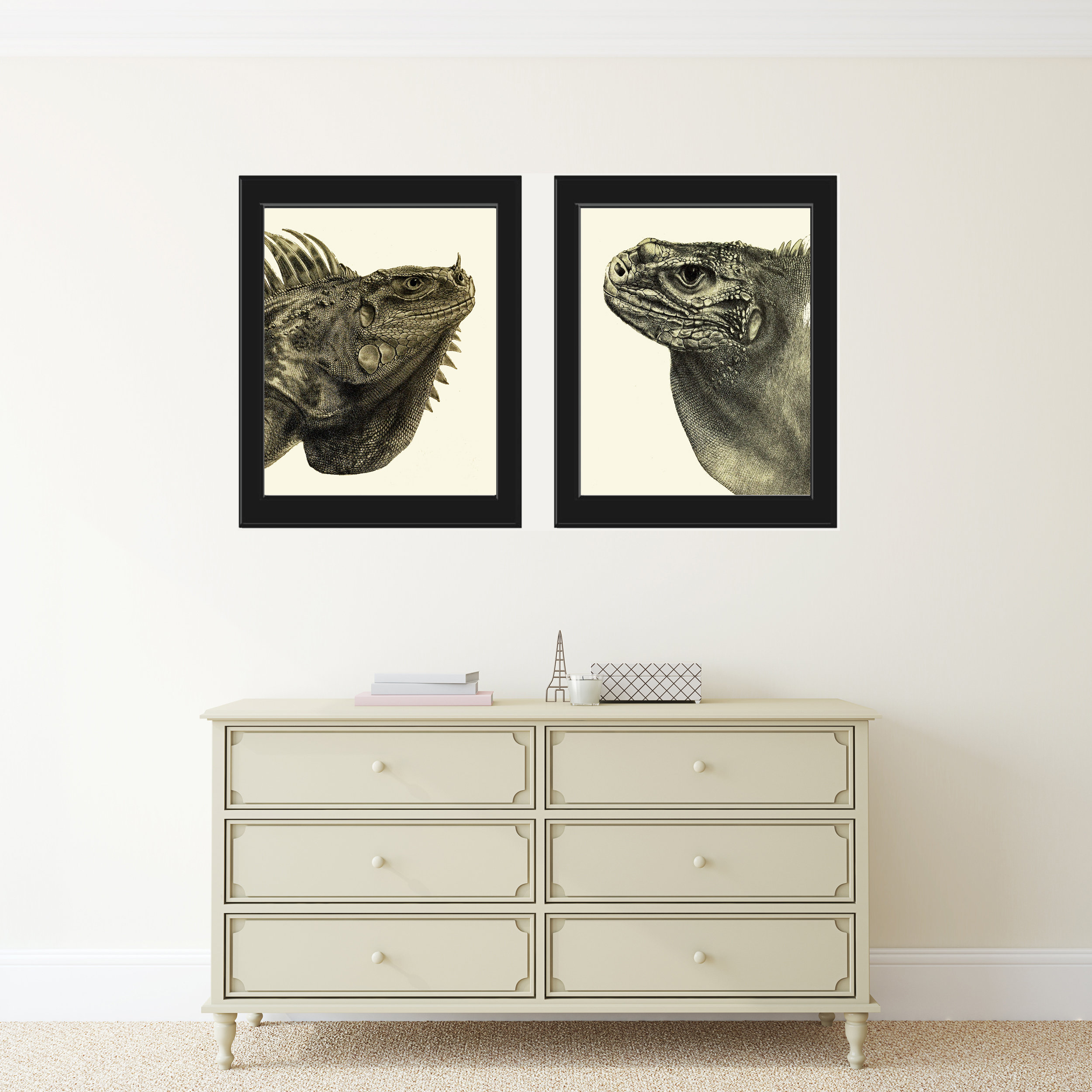 Iguana Print Set of 2 Beautiful Antique Vintage Lizards Tropical Nature ...